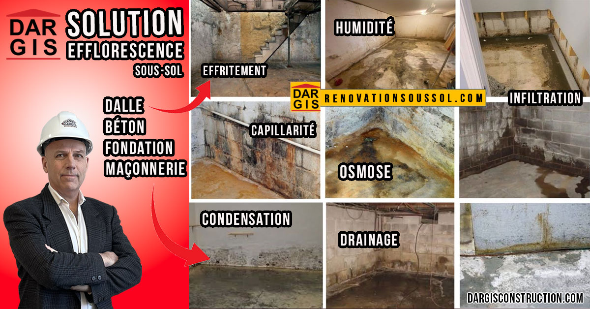 Efflorescence et eau sur dalle béton sous-sol et fondation